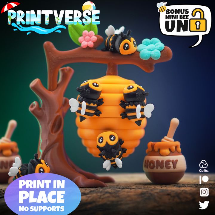 3D Printable Mini Bees & Magnetic Beehive Bonus Design by Printverse